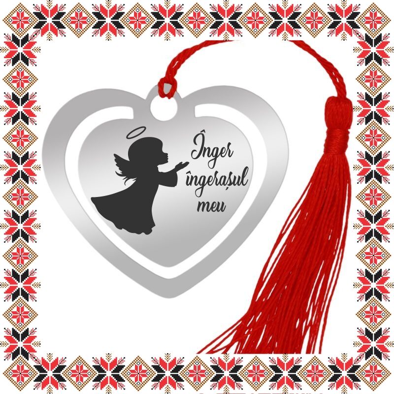 Martisor Semn de Carte Inox Inima Argintie Inger Ingerasul meu