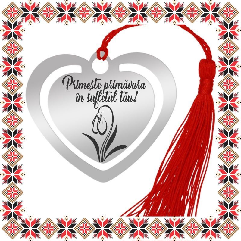 Martisor Semn de Carte Inox Inima Argintie Primeste Primavara in Suflet