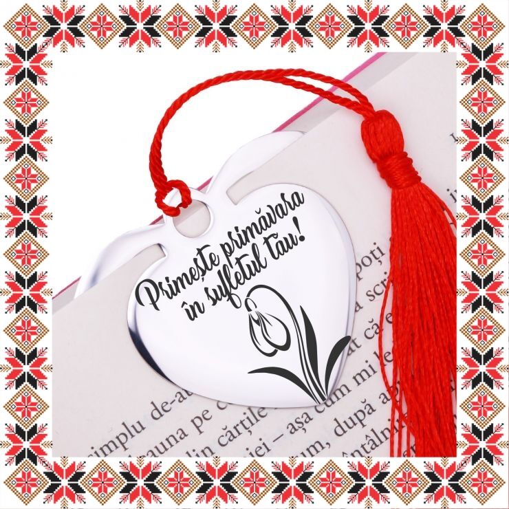 Martisor Semn de Carte Inox Inima Argintie Primeste Primavara in Suflet