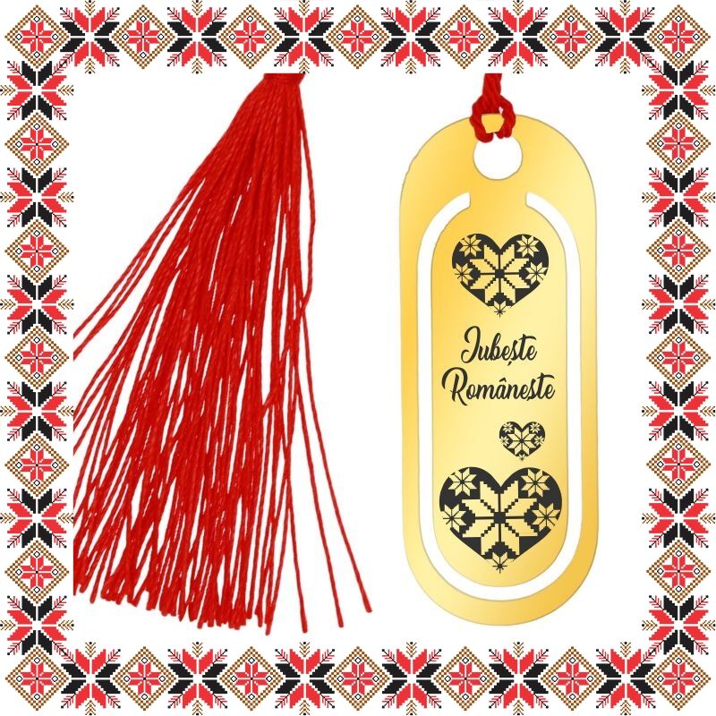 Martisor Semn de Carte Inox Oval Auriu Iubeste Romaneste