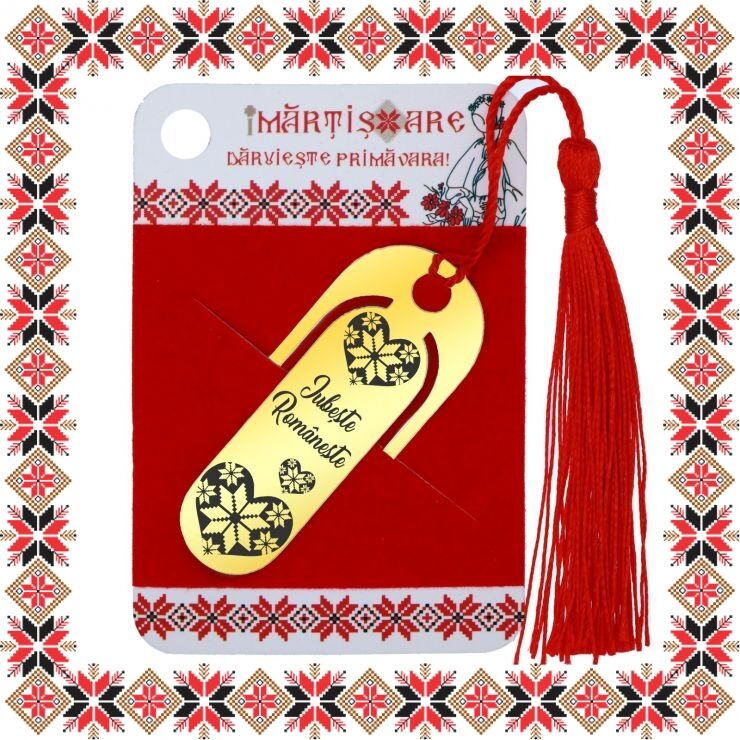 Martisor Semn de Carte Inox Oval Auriu Iubeste Romaneste