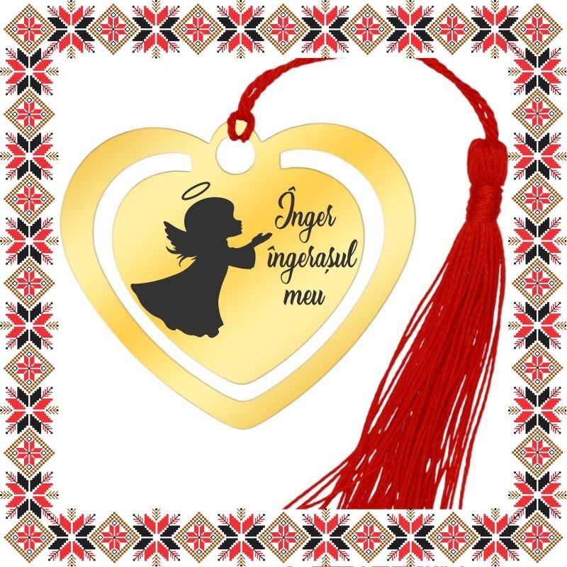 Martisor Semn de Carte Inox Inima Aurie Inger Ingerasul meu