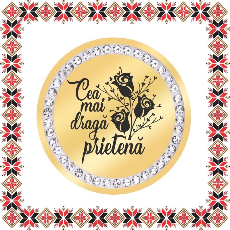 Martisor Brosa Inox Banut Pietre Dedicatie Prietena Auriu